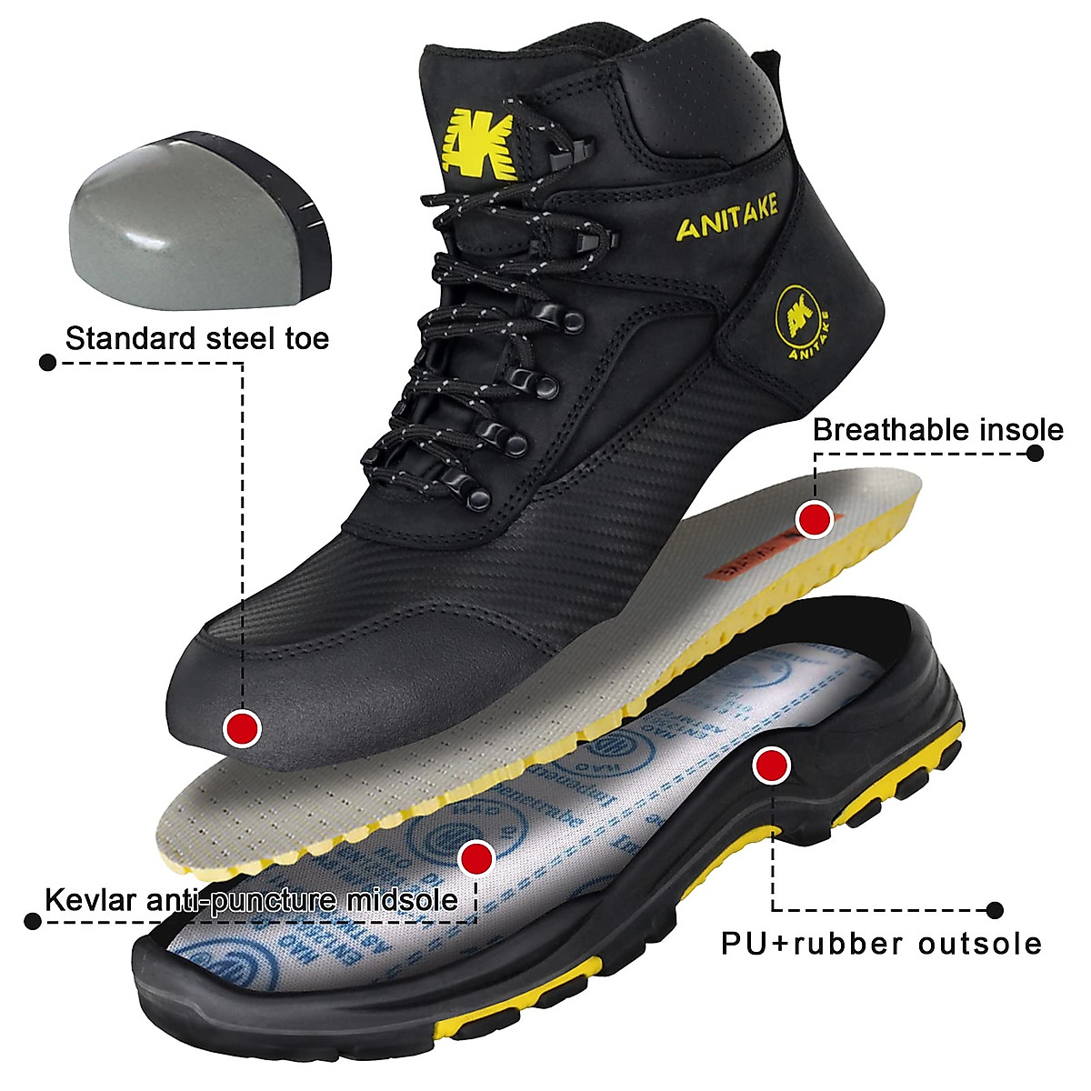 ANITAKE Steel Toe Work Boots, 6 Inch Leather Non-Slip Construction Boots for Men Safety Industrial Construction Boots for Men Puncture Resistance Work Shoes