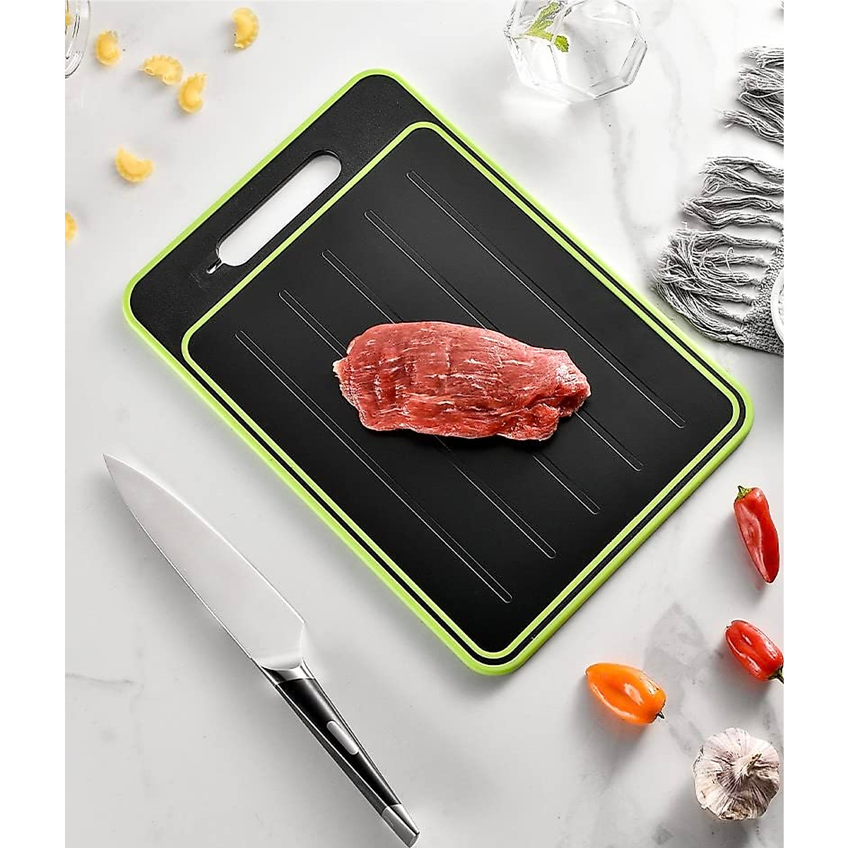 4 in 1 Cutting Board and Defrosting Plate with Knife Sharpener and Garlic Grinder (Black)