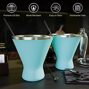 vaanshie Stainless Steel Martini Glass [Pack of 2] – 10oz, Blue, Powder Coated, No Sweat, Double Wall Margarita Tumbler for Cocktails and Cold Drinks | Barware & Kitchen