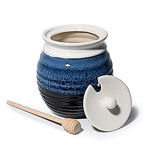 Honey Jar Pot By Gute 6"H - Elegant & Modern Ceramic With Dipper & Lid Rosh Hashanah Gift - Home Kitchen Honey and Syrup, Gorgeous Blue Beehive Honey Jar, Great For Jam, Jelly, 14oz (Ocean Blue)