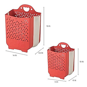 Foldable Plastic Laundry Baskets. Wall Hanging Storage Basket. Multi-function Storage Container Waterproof Durable for Bedroom and Bathroom (M&L, Red)