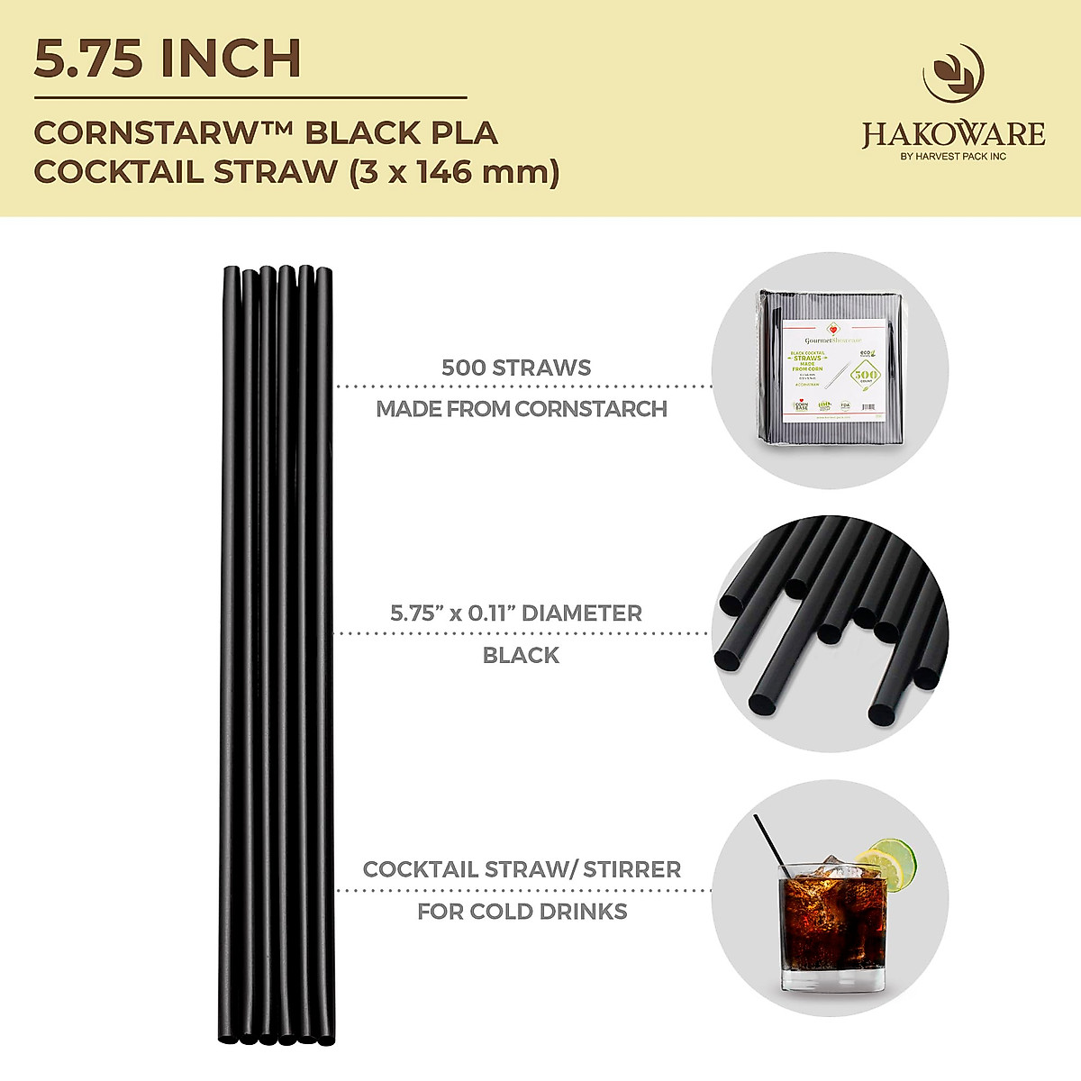 [500 COUNT] CORNSTRAW 5" Black PLA Cornstarch Plasticless Disposable Drink Stirrer Cocktail Straw