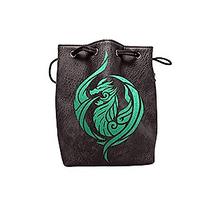 Large Black Leather Lite Dice Bag – Self Standing and Holds Over 400 Polyhedral Dice with Drawstring Tie – Multiple Designs Available (Dragon's Breath)