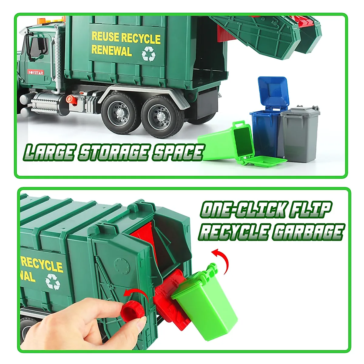 ANJARU 15" Garbage Truck Toy,Dump Friction Powered Waste Management Recycling Trash Truck with Lights &Sounds,3 Trash Can Lifter Gifts Toddler Toys for 3 + (Garbage Truck)