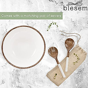 Wooden Salad Bowl Set Large 12" with Server Tongs Spoons, White Bowl with Utensils for Kitchen Gift Decor