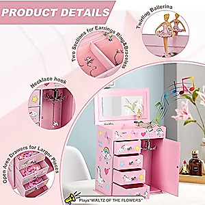 efubaby Upgrade Jewelry Box for Girls 5-Layer with Swing Door Spinning Ballerina Unicorn &Castle Design Unicorn Jewelry Set Included Kids Jewelry Box for Little Girls Birthday Valentine Gift Pink