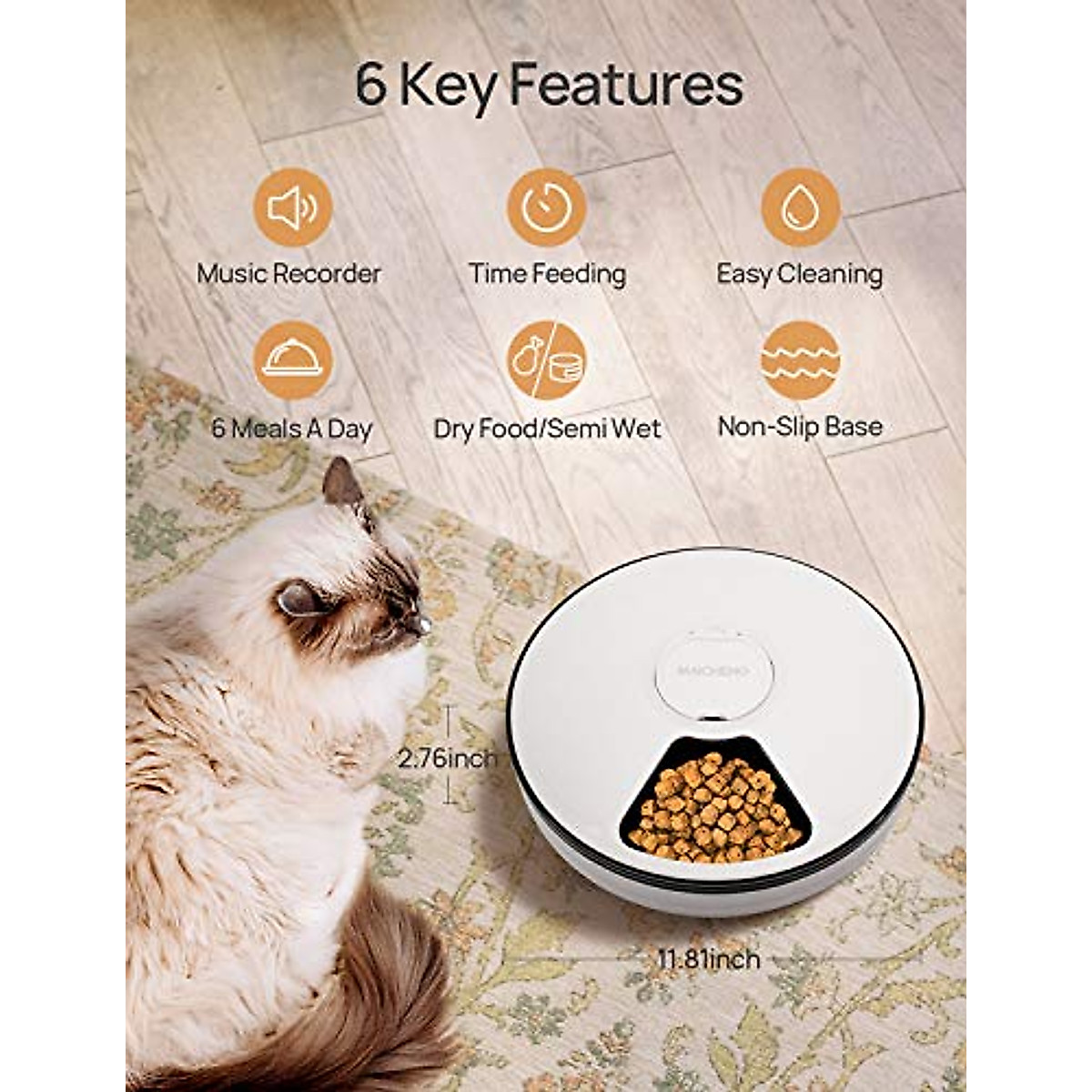 MAICHENG 6 Meal Automatic Pet Feeder-Dry Cat Food Dispenser with Programmable Timer, Portion Control, LCD Display-for Cats Small Dogs-420g