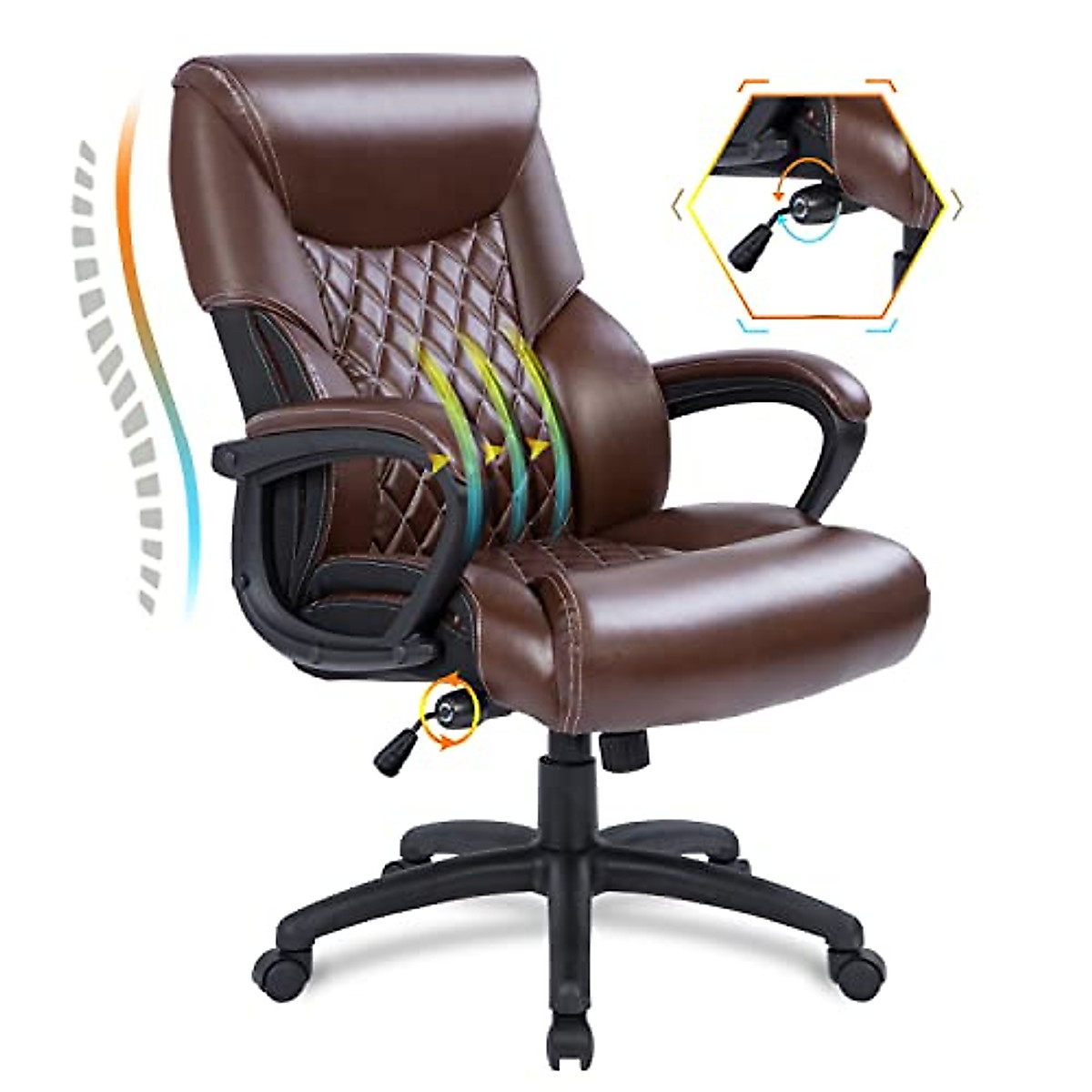 Executive Office Chair 350lbs - Adjustable Built-in Lumbar Support, Leather Office Chair with Spring Cushion, Computer Desk Chair with Padded Armrest, 360° Swivel Chair for Home and Office (Brown)