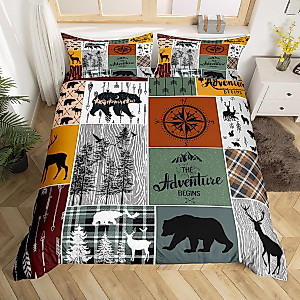 Cabin Retro Rustic Lodge Duvet Cover, Bear Deer Country Bedding Set Twin, Hunting Wild Animal Comforter Cover Plaid Check Adventure Themed Quilt Cover For Kids Boys Teens Adult Men Bedroom Decor