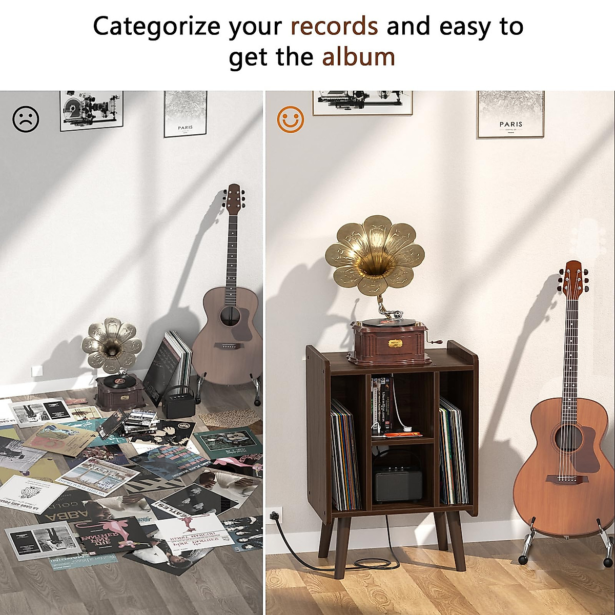 Unikito Record Player Stand, Vinyl Turntable Stand with Power Outlet and USB Charging Port, Sturdy Record Display Table with Storage, Mid Century End Table, Turntable Nightstand, Walnut