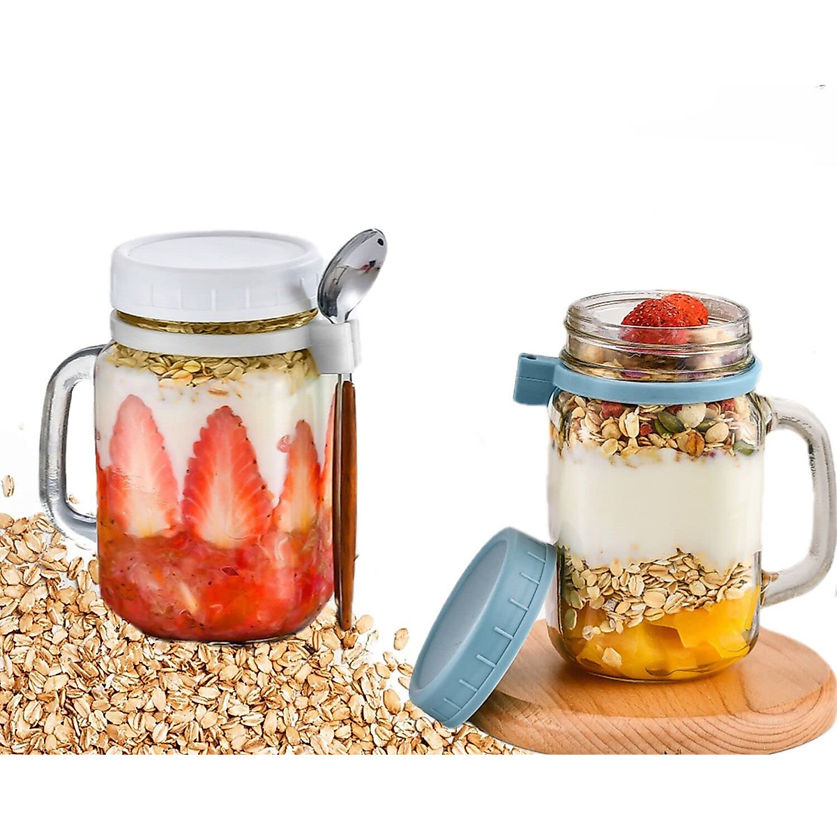 Overnight Oat Containers with Lids and Spoon and Handle, 2 Pack, Large Glass Overnight Oats Jars Reusable Airtight 16 oz Mason Jars for Cereal Yogurt
