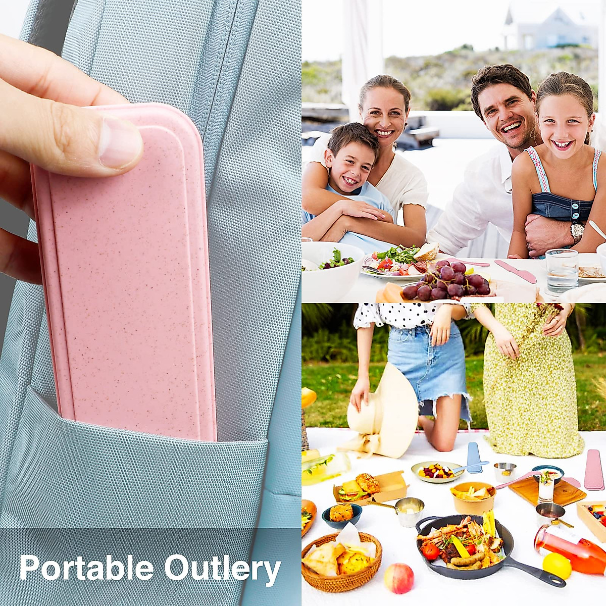 Reusable Travel Utensils Set with Case, 4 Sets Wheat Straw Portable Knife Fork Spoons Tableware, Eco-Friendly BPA Free Cutlery for Kids Adults Picnic Camping Utensils(Green, Beige, Pink, Blue)