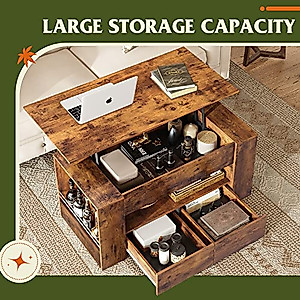 WLIVE Lift Top Coffee Table with Storage,Small Coffee Table with Drawers for Living Room,Hidden Compartment and Open Shelf,Central Table for Reception Room,Rustic Brown