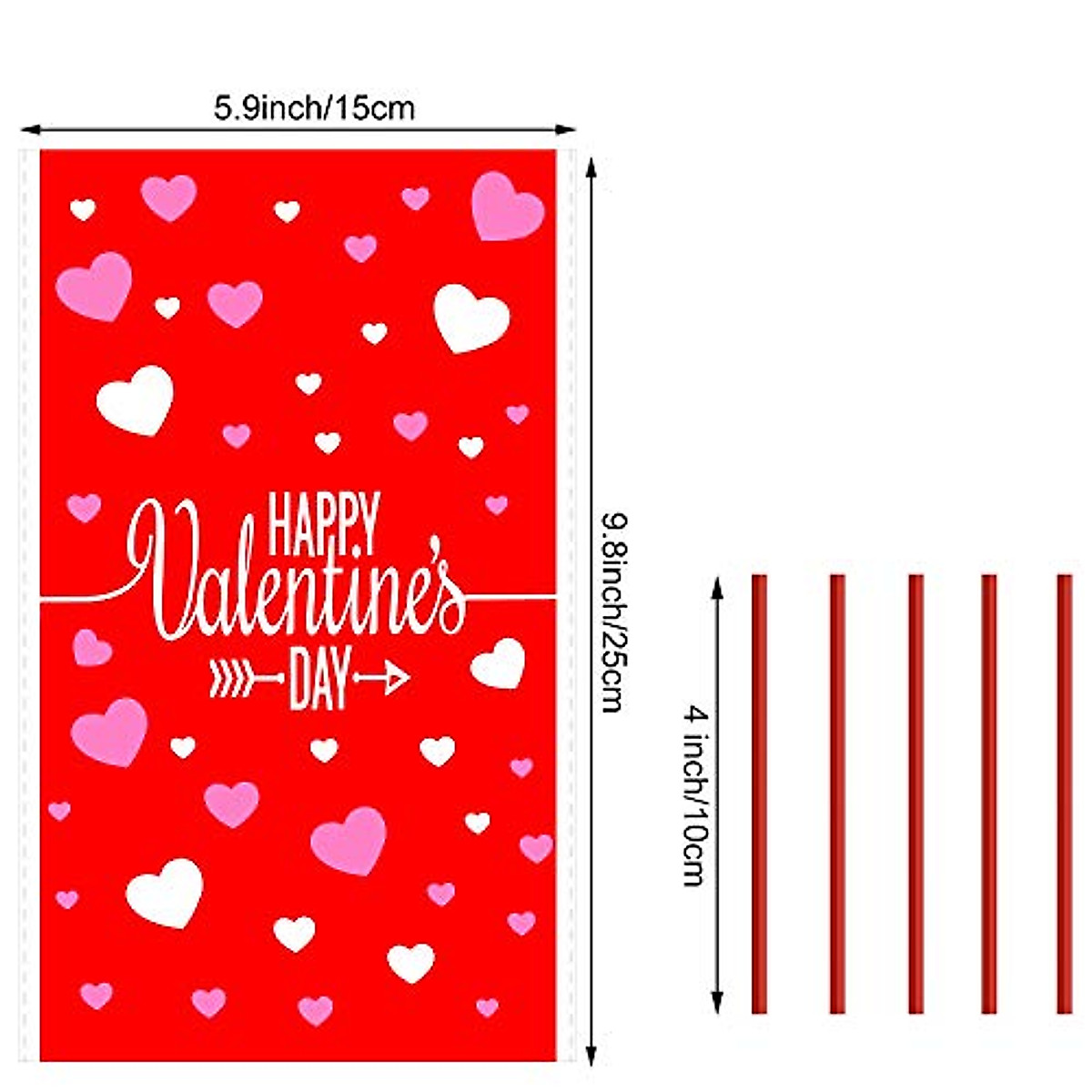 100 Pieces Valentine Cellophane Bags Heart Shaped Red Treat Bags Happy Valentine's Day Bags with Twist Ties for Candy, Wedding Party Favors