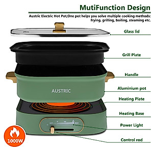 Austric 2 In 1 Electric Shabu Shabu Pot 3.5L with Removable Grill Pan, Non-Srick Electric Hot Pot with Slide Power Control, Multi Cooker with Tempered Glass Lid for Frying,Grilling,BBQ | (Green)