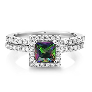 Gem Stone King 925 Sterling Silver Build Your Own Personalized Princess Birthstones White Moissanite Women Wedding Engagement Ring Band Bridal Set (Size 6)