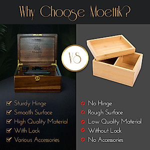 Moettik Premium Storage Box -Acacia Wooden Smell Proof Locking Storage Box with Accessories Removable Wood Tray, Glass Jars, Metal Tube, Ceramic Tray, Brush, Brown Upgraded Design