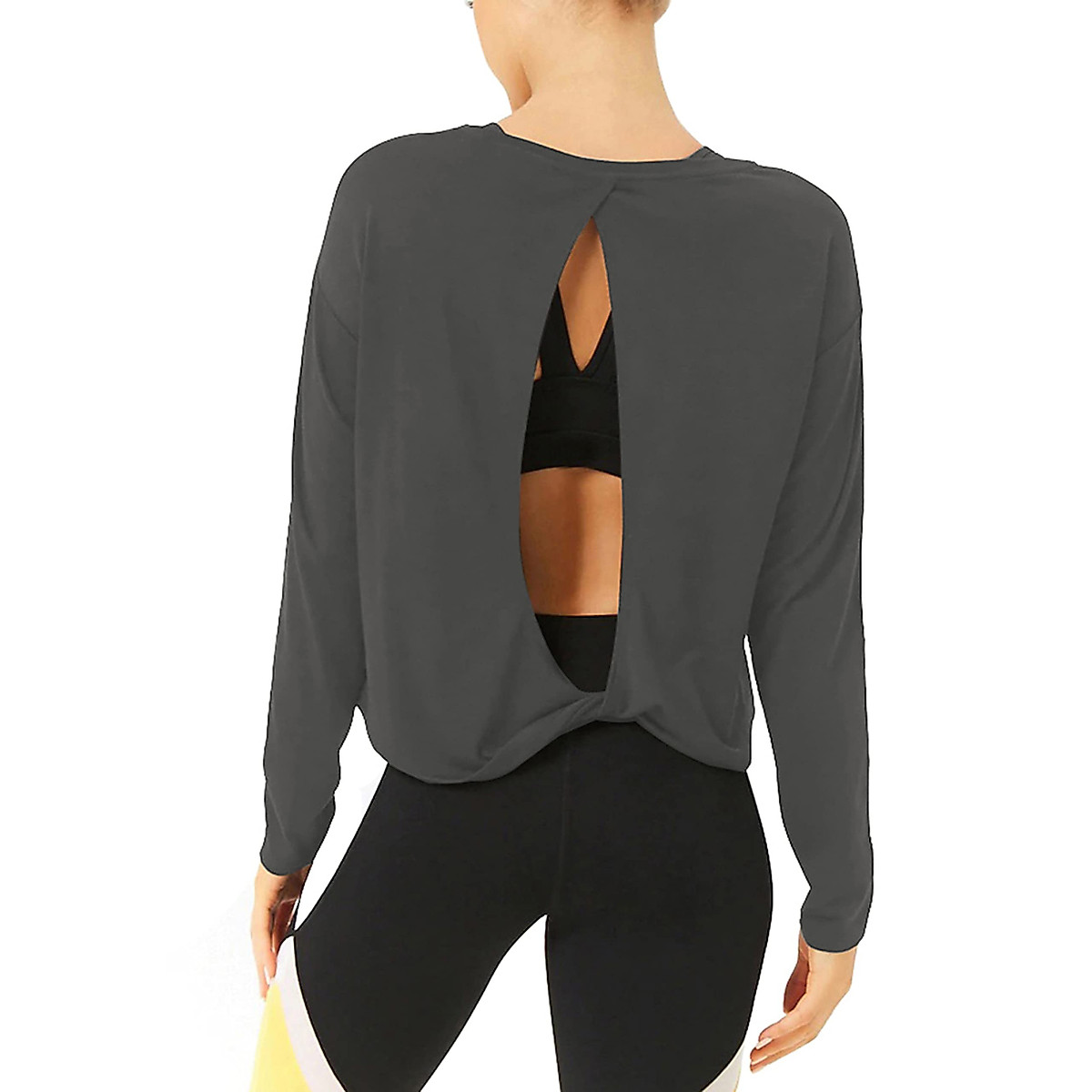 Bestisun Long Sleeve Yoga Shirts Open Back Workout Tops Women Backless Top Exercise Clothes for Women Loose Fit Deep Gray S