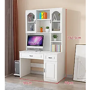 KIRANDY Girls' Bedroom Study Desk and Bookshelf Combo, Computer Desk with Drawers (Color : White 90x50x182.5cm Solid Wood)