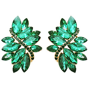 Rosemarie Collections Women's Dazzling Crystal Marquis Leaf Cluster Statement Clip On Earrings, 1.87" (Green Emerald Crystal Gold Tone)