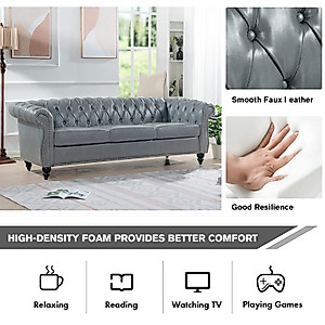 Wlvos 84" Leather Chesterfield Sofas for Living Room, Rolled Arm 3-Seater Large Couch Deep Button Nailhead Tufted Upholstered Couches for Bedroom, Office Apartment Easy to Assemble (Gray)