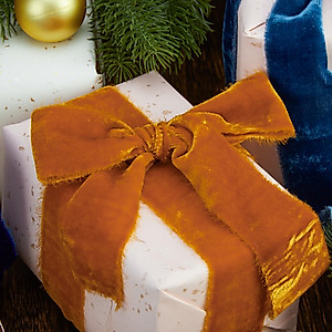 Keypan Orange Velvet Ribbon for 1-1/2 inch Wide Handmade Fringe Fabric Fall Terracotta Ribbons for Christmas Decorations, Baby Shower, Flower Bouquet Gift Wrapping