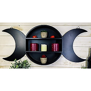Ebros Light Duty Black Wicca Sacred Triple Moon Feminine Goddess Wall Hanging Floating Foldable Hinged MDF Wood Shelf with Tiers 14" Tall 36" Wide Occult Wiccan Home Office Room Accent