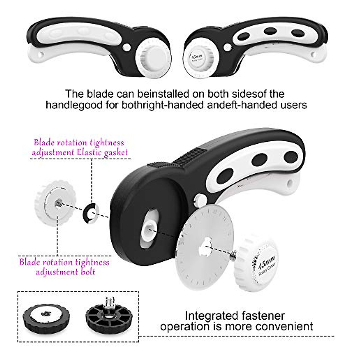 Rotary Cutter,Rotary Cutter for Fabric 45mm with Safety Lock Suitable for Cutting Fabric,Paper,Vinyl,Felt,Leather,Etc,Including Special Storage Box,6 Replacement Blades,Precision Knife,Tape Measure