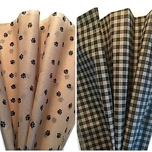 Rustic Pearl Collection Printed Tissue Paper for Gift Wrapping TWO PATTERN BUNDLE: Dog Paw Print/Black & Tan Gingham Check Tissue Paper, 24 Large Sheets, 20x30