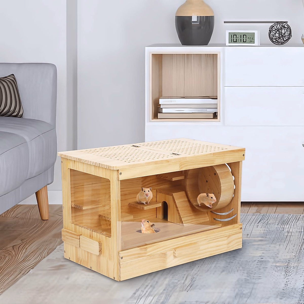Nisorpa Hamster Cage, Wooden Hamster Habitats with Runner's Carousel & Acrylic Windows 2-Tiers Mice and Rat House Openable Top, Ventilator,Pull-Out Tray for Guinea Pig Chinchilla Small Animal