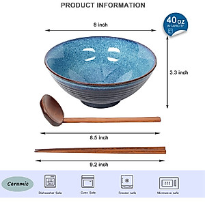 STE-CER Ceramic Japanese Style Ramen Bowl Set with Chopsticks,8 inch 40 oz Pho Bowls & Asian Soup Bowl and Spoons Set for Udon Noodle,Soba,Miso Soup,Set of 2 (blue)