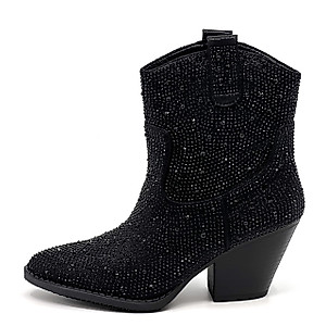 FOREVER Women Rhinestone Block Chunky Heel Ankle Bootie River-01 Black 8.5