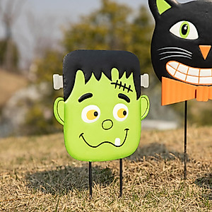 Glitzhome 42''H 4pcs Metal Halloween Outdoor Yard Stakes,Halloween Ghost/Pumpkin/Black Cat/Frankenstein Stakes or Hanging Decor,Halloween Porch Standing Sign for Lawn Garden Home Party (2030200005)