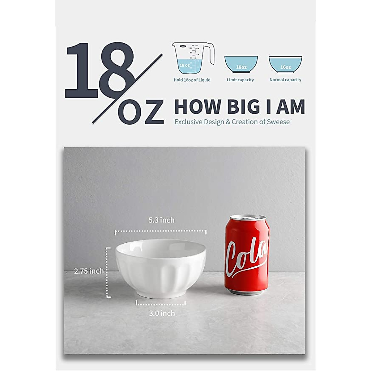 HAPPY KIT Ceramic Cereal Bowl Set - 18 Ounce for Cereal, Salad and Soup - Set of 4, White