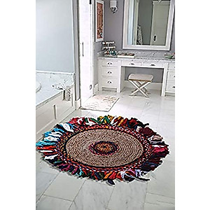 Devik Decor Braided Boho Natural Cotton Chindi & Jute Rugs Reversible Non Slip Carpet Round Area Rug for Farmhouse Living Room Bedroom Kitchen Outdoor Mate, AR02 (3FT_Round (36 Inches X 36 Inches))