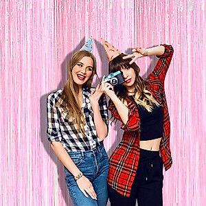 4P Metallic Foil Fringe Tinsel Streamer Banner Table Skirts for Rectangle Tables Backdrop Garland Curtains for Parade Floats Wedding Graduation Anniversary Birthday Parties Decoration (Makaron Pink)