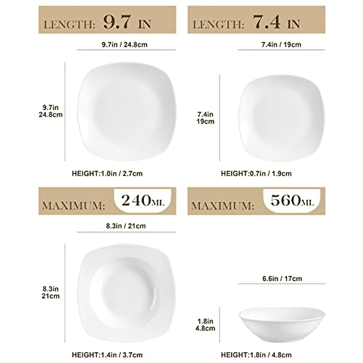 MALACASA Dinnerware Sets, 24-Piece Porcelain Dinnerware Set Plates and Bowls Sets, Gray White Square Dishes Dinner Sets for Dessert, Salad and Pasta, Modern Dish Set for 6, Series Elisa