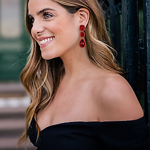 EVER FAITH Women's Crystal Gorgeous Party Square Oval Teardrop Dangle Earrings Red Gold-Tone