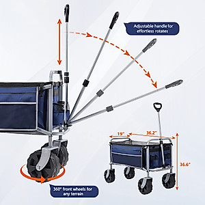 Kuznap All Terrain Wheels Collapsible Wagon, 225pound Capacity Heavy Duty Utility Folding Wagon, Portable Garden Beach Cart with Side Bags and Drink Holders