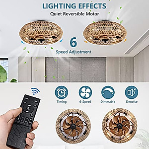 Dimmable Ceiling Fans with Lights and Remote, Rattan Ceiling Fan with 5 Bulbs, Enclosed Low Profile Flush Mount Ceiling Fan w/Reversible Blades/Memory Function/6 Speeds/Timing for Bedroom Living Room