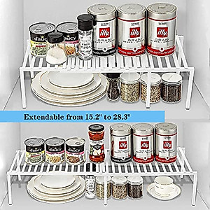 Redrubbit Expandable Cabinet Storage Shelf Rack - Kitchen Counter and Cabinet Shelf - Steel Metal Wire - Cupboard, Plate, Dish, Counter & Pantry Organization - White