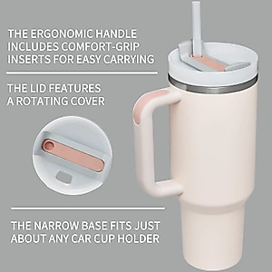 Acuewuja 40oz/1180ml Tumbler With Handle, Lid, Straw And Silicone Boot Reusable Double Wall Vacuum 18/8 Stainless Steel Coffee Travel Mug Portable Insulated Beer Cup (Rose Quartz)