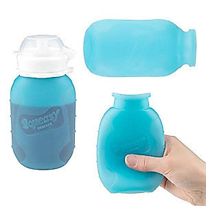 Blue 6 oz Squeasy Snacker Spill Proof Silicone Reusable Food Pouch - for Both Soft Foods and Liquids - Water, Apple Sauce, Yogurt, Smoothies, Baby Food - Dishwasher Safe