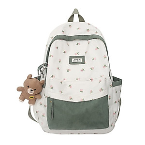 MININAI Cute Preppy Backpack with Pendant Floral Printed Patchwork Backpack Cottagecore Aesthetic Bag Kawaii Laptop Backpack (One Size,Sage Green)
