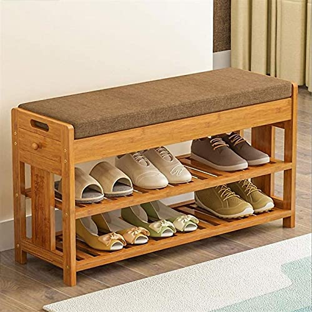 llibnn 2-Tier Bamboo Shoe Bench Holder with Seat Cushion Heavy Duty Shoe Storage Organizer with Drawer for Closet Entryway Hallway (Size : 70cm) (Size : 70cm)