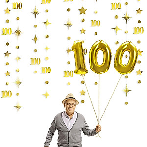 Gold 100th Birthday Decorations Number 100 Circle Dot Twinkle Star Garland Hanging Streamer Bunting Banner Backdrop for Women Mens 100th Anniversary Babys Happy 100 Days Birthday Party Decor Supplies