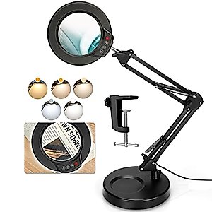 10X Magnifying Glass with Light and Stand, Upgrade Button 5 Color Modes Dimmable Lighting, Krstlv 2-in-1 LED Lighted Magnifier, Hands Free Desk Lamp with Clamp for Soldering Craft Hobby Close Work