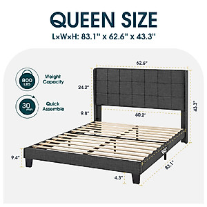 WEEWAY Queen Size Wingback Upholstered Platform Bed Frame, Box-tufted Headboard, Wooden Slats, No Box Spring Needed, Easy Assembly, Dark Grey