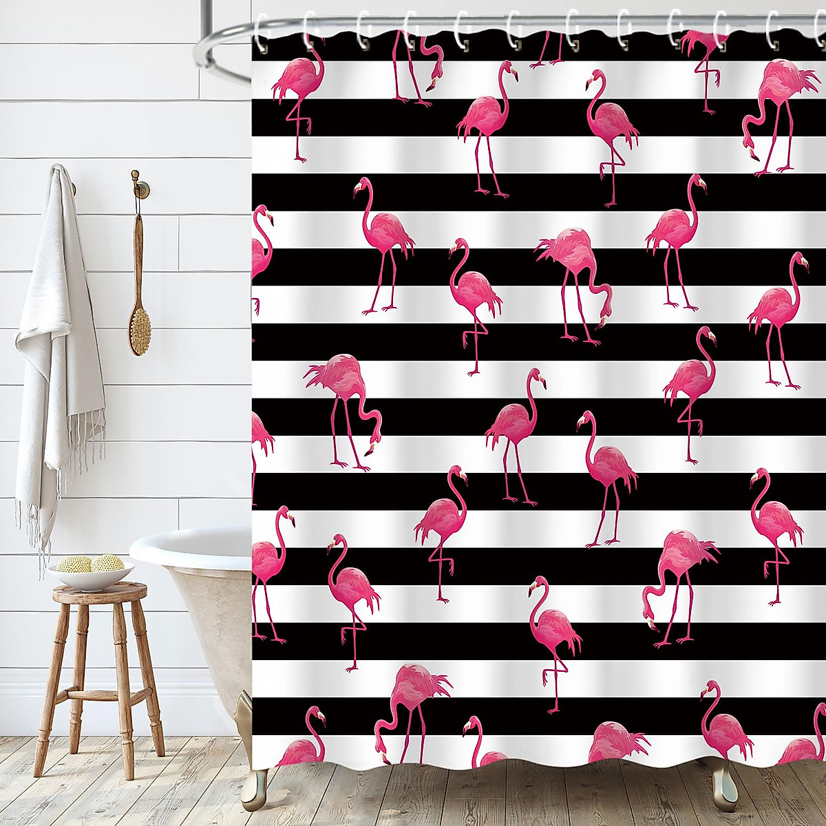 LIVILAN Flamingo Shower Curtains, Pink Shower Curtains with Hooks Flamingo Black and White Stripes Shower Curtains for Bathroom Decor, Machine Washable(72" X 72")