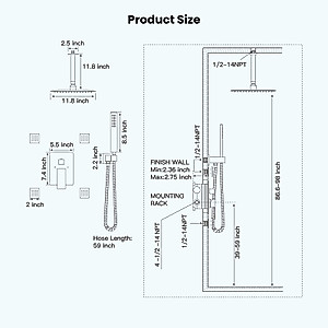 gotonovo Ceiling Mounted Rain Mixer Shower Faucet Set 12 inch Square Rainfall Shower Head with 4 Body Spray Jets and Brass Handshower Brushed Nickel Rough-in Valve and Trim Included